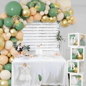 Sage Green Baby Shower Decorations for Boy or Girl - 136pcs Baby Shower Decor, Baby Shower Balloon Boxes with Green Gold Balloon Arch Garland Kit, Safari Jungle Baby Shower, Gender Reveal, Boy Girl