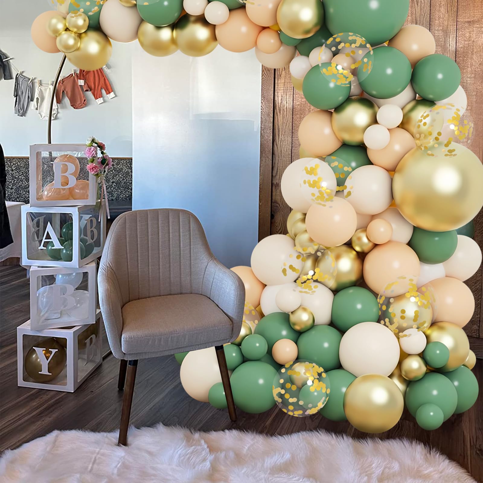 Sage Green Baby Shower Decorations for Boy or Girl - 136pcs Baby Shower Decor, Baby Shower Balloon Boxes with Green Gold Balloon Arch Garland Kit, Safari Jungle Baby Shower, Gender Reveal, Boy Girl