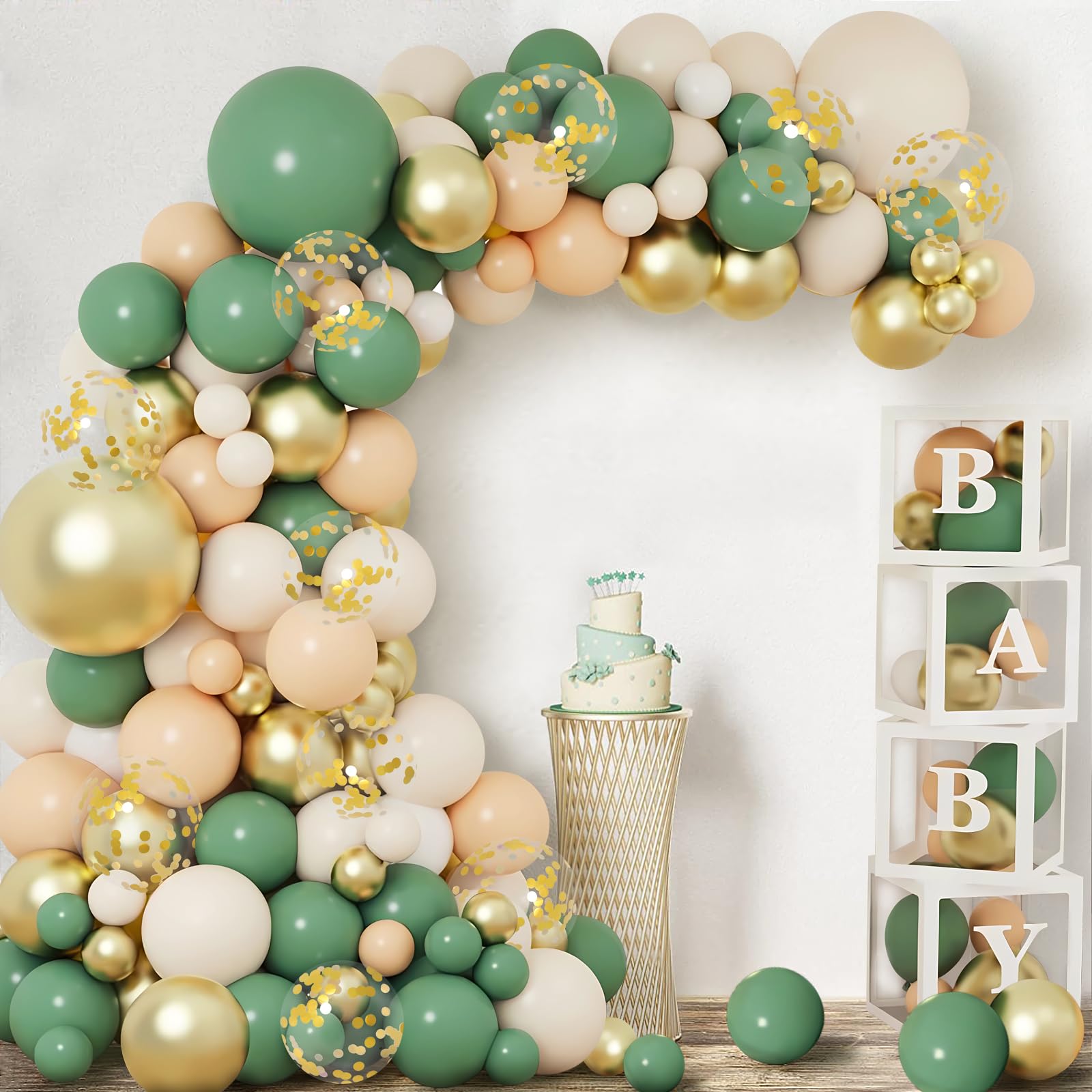 Sage Green Baby Shower Decorations for Boy or Girl - 136pcs Baby Shower Decor, Baby Shower Balloon Boxes with Green Gold Balloon Arch Garland Kit, Safari Jungle Baby Shower, Gender Reveal, Boy Girl