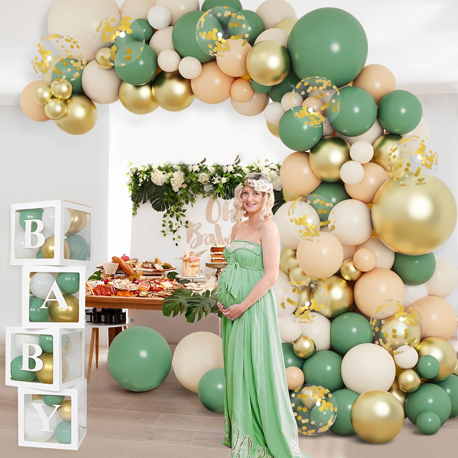 Sage Green Baby Shower Decorations for Boy or Girl - 136pcs Baby Shower Decor, Baby Shower Balloon Boxes with Green Gold Balloon Arch Garland Kit, Safari Jungle Baby Shower, Gender Reveal, Boy Girl