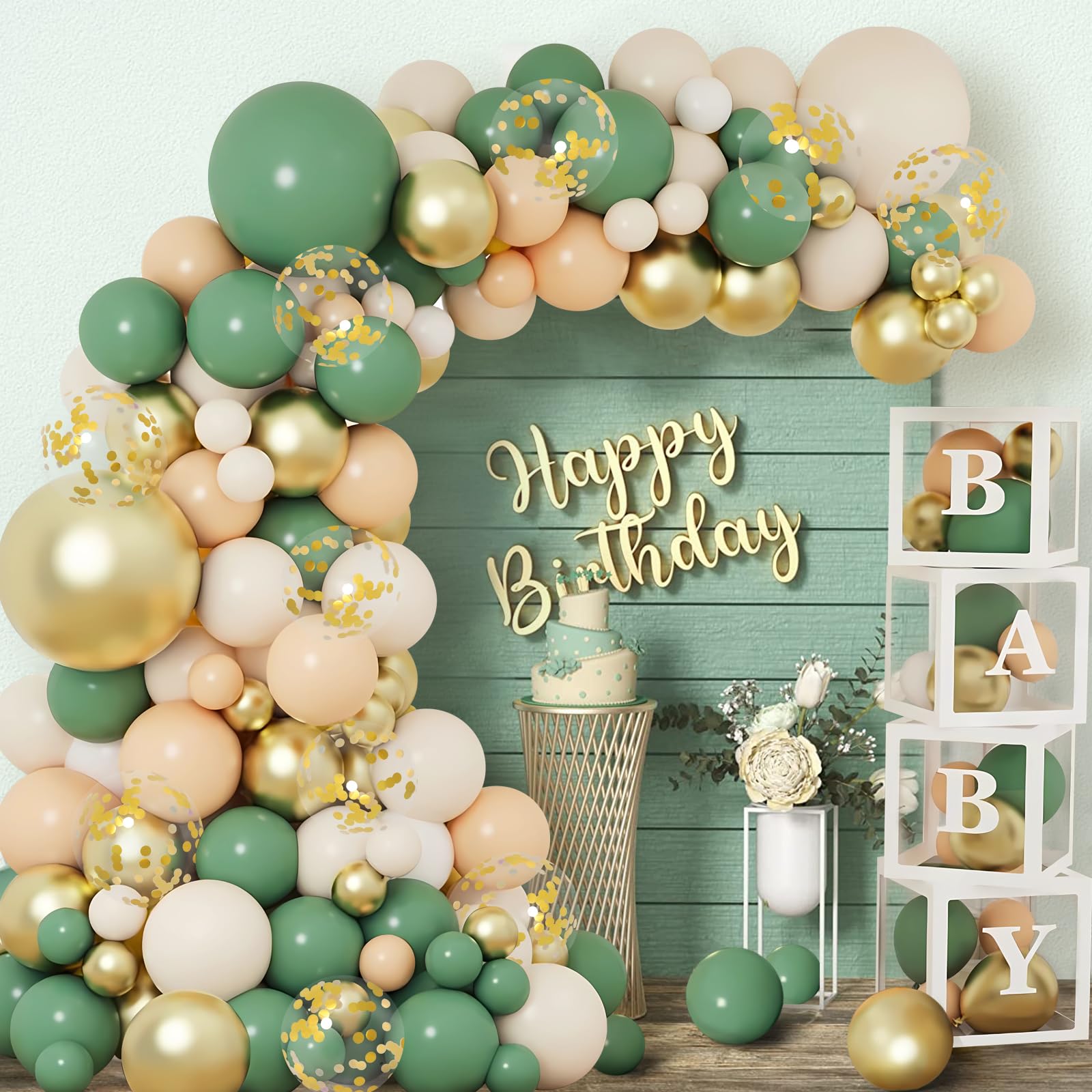 Sage Green Baby Shower Decorations for Boy or Girl - 136pcs Baby Shower Decor, Baby Shower Balloon Boxes with Green Gold Balloon Arch Garland Kit, Safari Jungle Baby Shower, Gender Reveal, Boy Girl