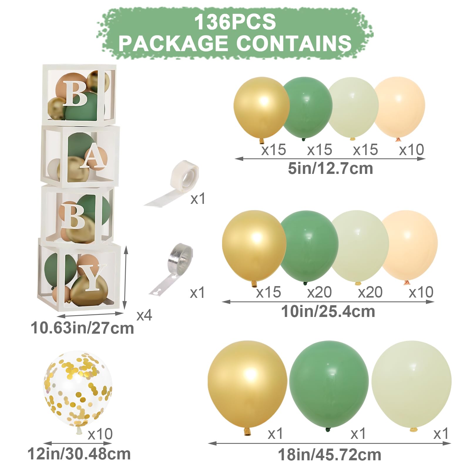 Sage Green Baby Shower Decorations for Boy or Girl - 136pcs Baby Shower Decor, Baby Shower Balloon Boxes with Green Gold Balloon Arch Garland Kit, Safari Jungle Baby Shower, Gender Reveal, Boy Girl