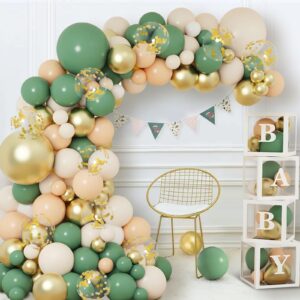 Sage Green Baby Shower Decorations for Boy or Girl - 136pcs Baby Shower Decor, Baby Shower Balloon Boxes with Green Gold Balloon Arch Garland Kit, Safari Jungle Baby Shower, Gender Reveal, Boy Girl