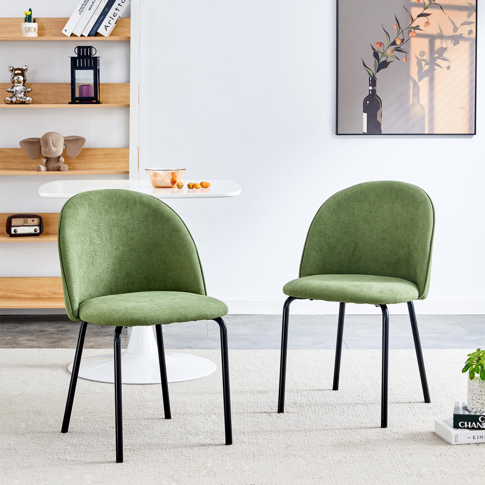 ATSNOW Green Upholstered Armless Dining Chairs Black Metal Legs, Mid Century Modern Accent Side Chairs for Living Room Vanity Set of 2