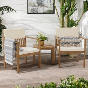 sunsitt patio set 3 piece acacia wood outdoor patio furniture set fsc certified bistro table and chairs with cream white cushions for balcony, porch, backyard