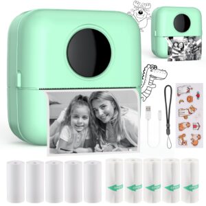 huijukeji mini sticker printer pocket inkless thermal printer with 11 rolls thermal paper and sticker for ios&android, bluetooth smart portable receipt printer for photo journal notes memo-green