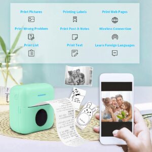 HuiJuKeJi Mini Sticker Printer Pocket Inkless Thermal Printer with 11 Rolls Thermal Paper and Sticker for iOS&Android, Bluetooth Smart Portable Receipt Printer for Photo Journal Notes Memo-Green