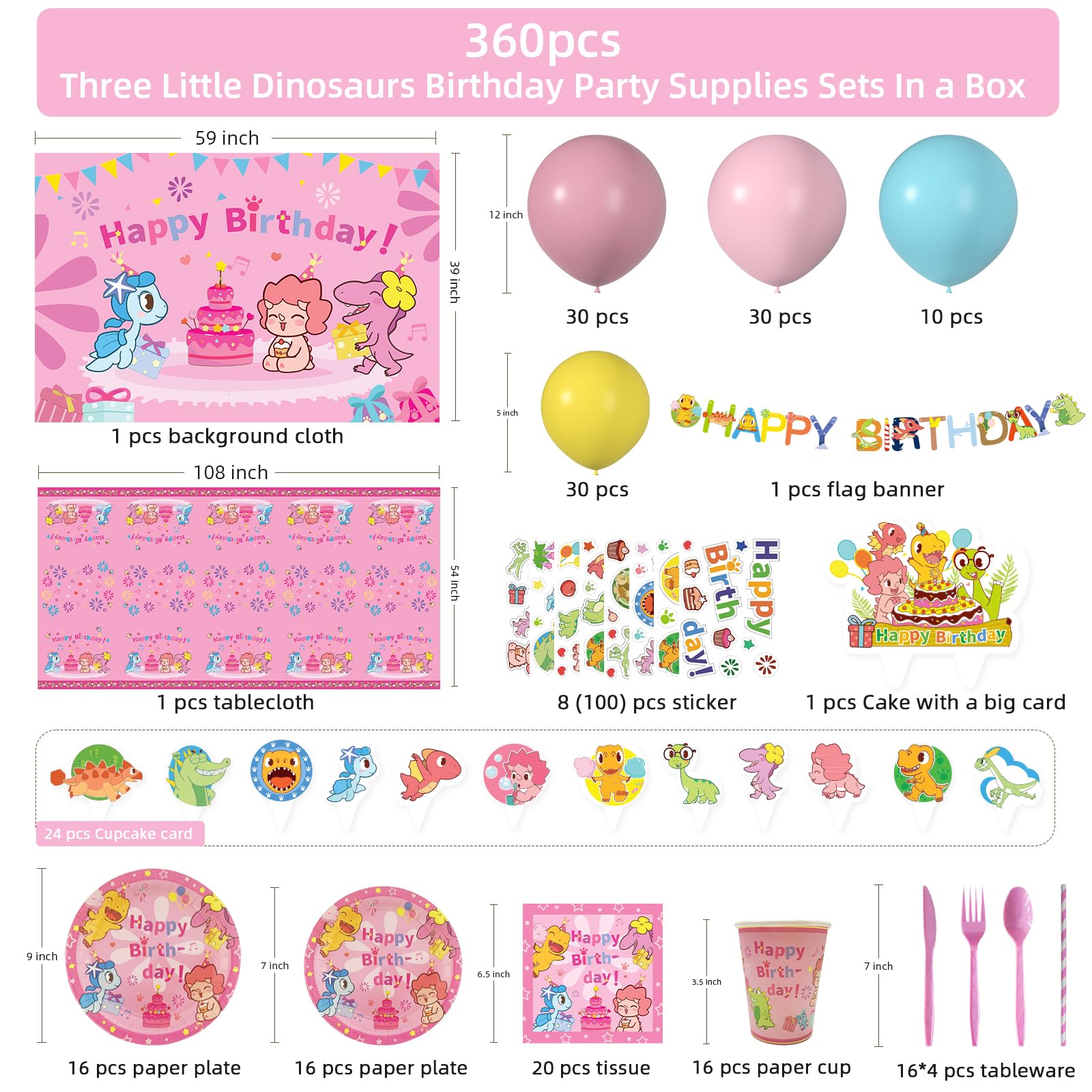 Girls Dinosaur Party Supplies for Pink Dinosaur Birthday Party Balloons Garland Arch Kit with Tablewear & Backdrop 59*40 Inch, 360 PCS Dinosaur Birthday Decorations