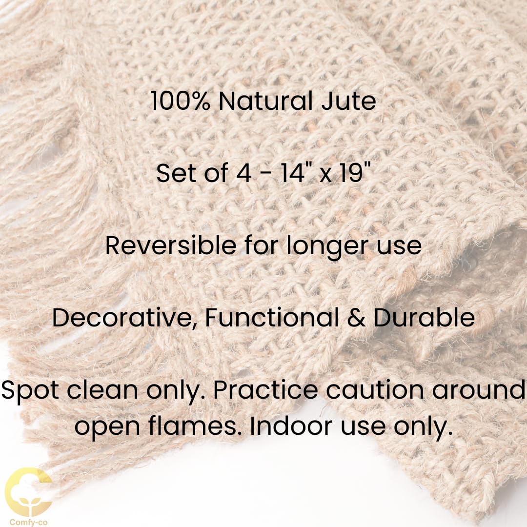 Comfy-co Handcrafted Jute Burlap Placemats Set of 4 - Farmhouse Reversible Placemats for Wedding Parties BBQ's Everyday Holidays - 100% Jute 14x19 inch Rustic Vintage Placemats Natural