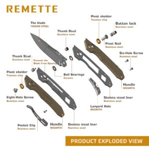 REMETTE Pocket Knife Rockable Design Button Lock Rhino 0315, EDC Pocket Knife for Men, 14C28N Blade Folding Knife, Durable Micarta Handle with Pocket Clip, Sharp Hunting Camping Knives