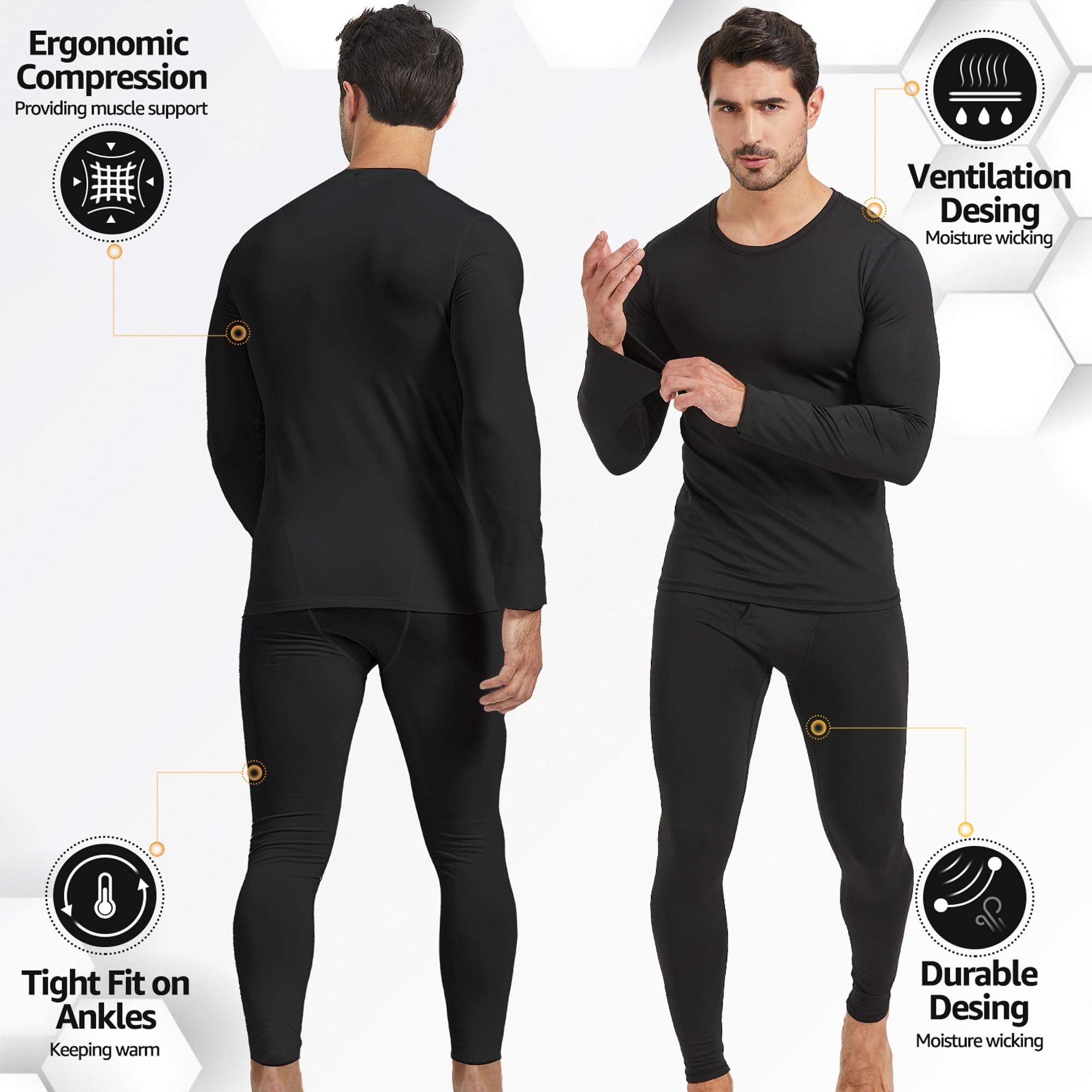 UNIQUEBLLA Long Johns Thermal Underwear Set for Men Thermal Base Layer Cold Weather Bottom Top Black