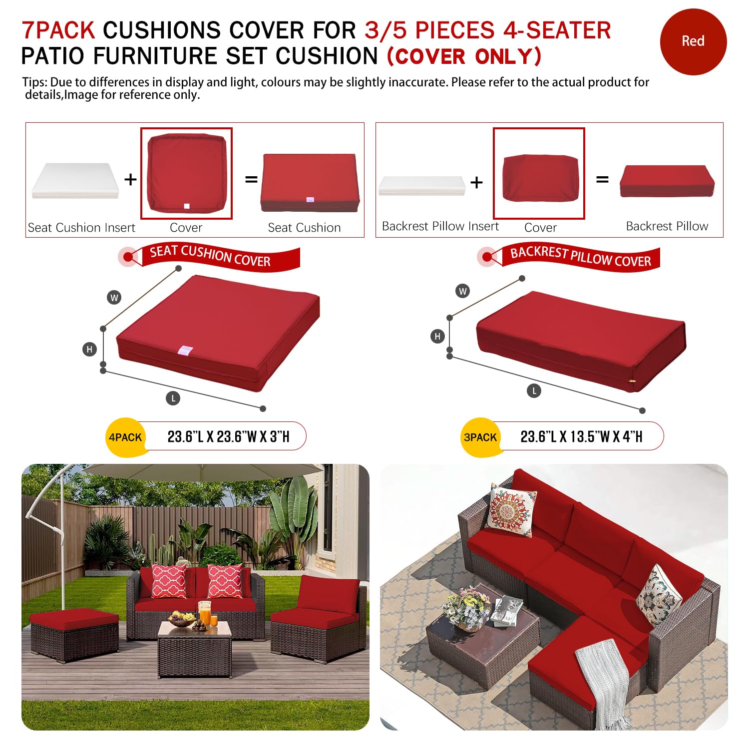 ClawsCover 7Pack Outdoor Seat and Back Cushions Replacement Covers Fit for 3/5 Pieces 4-Seater Wicker Rattan Patio Furniture Conversation Set Sectional Couch,Red-Small (Include Cover Only)