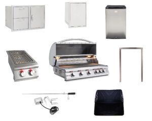 blaze bbq outdoor gas grill package of 40” lte built-in gas grill, lte built-in double side burner, 32” door & two drawers combo, double trash drawer, 20” compact refrigerator, and accessories