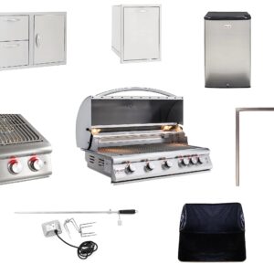 BLAZE BBQ Outdoor Gas Grill Package of 40” LTE Built-in Gas Grill, LTE Built-In Double Side Burner, 32” Door & Two Drawers Combo, Double Trash Drawer, 20” Compact Refrigerator, and Accessories