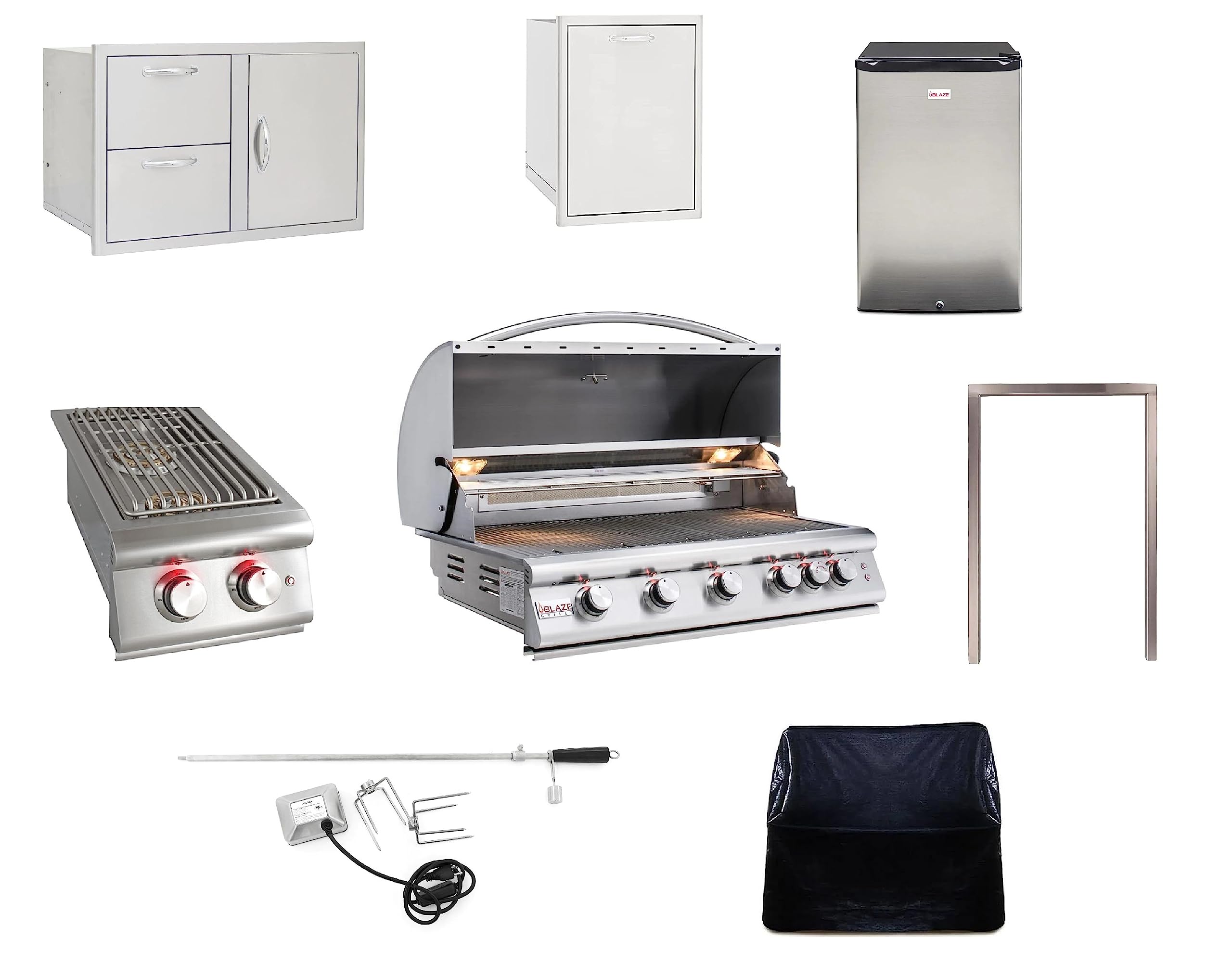 BLAZE BBQ Outdoor Gas Grill Package of 40” LTE Built-in Gas Grill, LTE Built-In Double Side Burner, 32” Door & Two Drawers Combo, Double Trash Drawer, 20” Compact Refrigerator, and Accessories