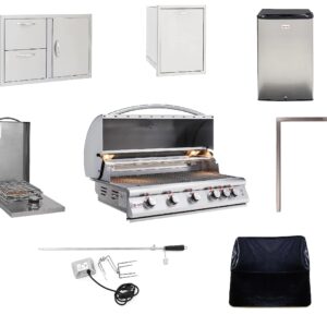 BLAZE BBQ Outdoor Gas Grill Package of 40” LTE Built-in Gas Grill, Dop-In Single Side Burner, 32” Door & Two Drawers Combo, Roll Out Double Trash Drawer, 20” Compact Refrigerator, and Accessories