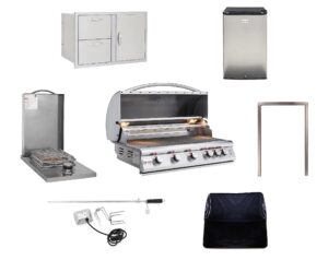 blaze bbq outdoor package of 40” lte built-in gas grill, dop-in single side burner, 32” door & two drawers combo, compact refrigerator and accessories (grill cover, fridge trim and rotisserie kit)