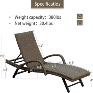 FATFISH Outdoor PE Wicker Chaise Lounge with Armrest- Set of 2 Patio Reclining Chair Furniture Set Beach Pool Adjustable Backrest Recliners Padded