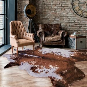 faux fur cowhide rug 6.2 x 8.3 ft, cow print area rug cute animal printed carpets for bedroom living room rustic western home decor, no shedding and easy to clean