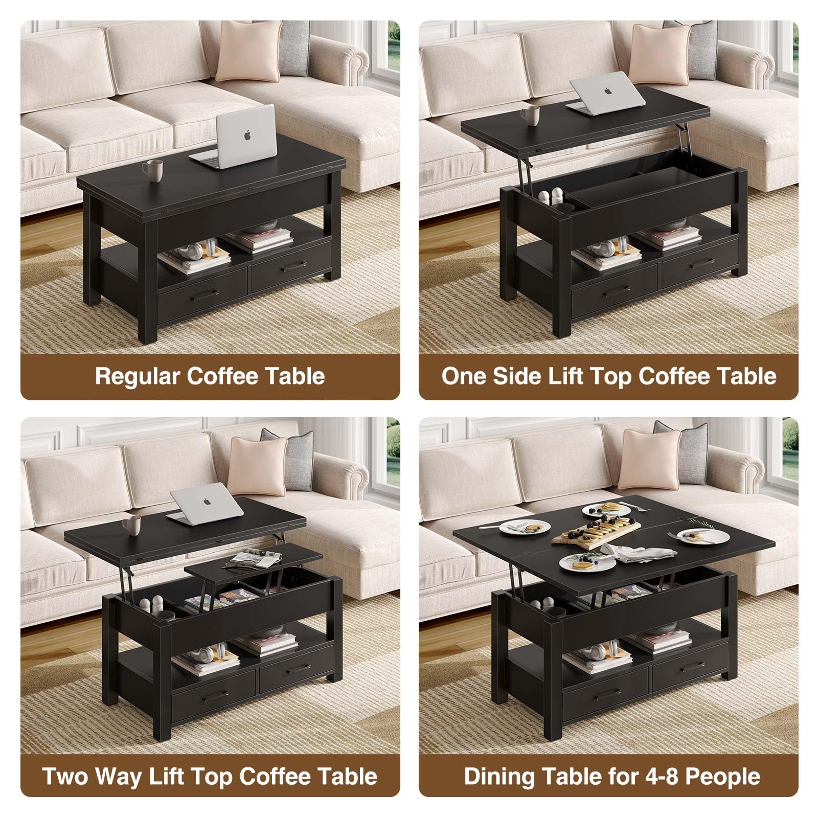 Rolanstar Coffee Table Lift Top, Multi-Function Convertible Coffee Table with Drawers and Hidden Compartment, Coffee Table Converts to Dining Table for Living Room, Home Office,Black