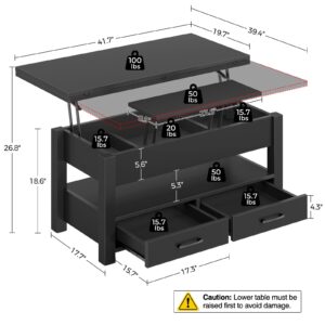 Rolanstar Coffee Table Lift Top, Multi-Function Convertible Coffee Table with Drawers and Hidden Compartment, Coffee Table Converts to Dining Table for Living Room, Home Office,Black