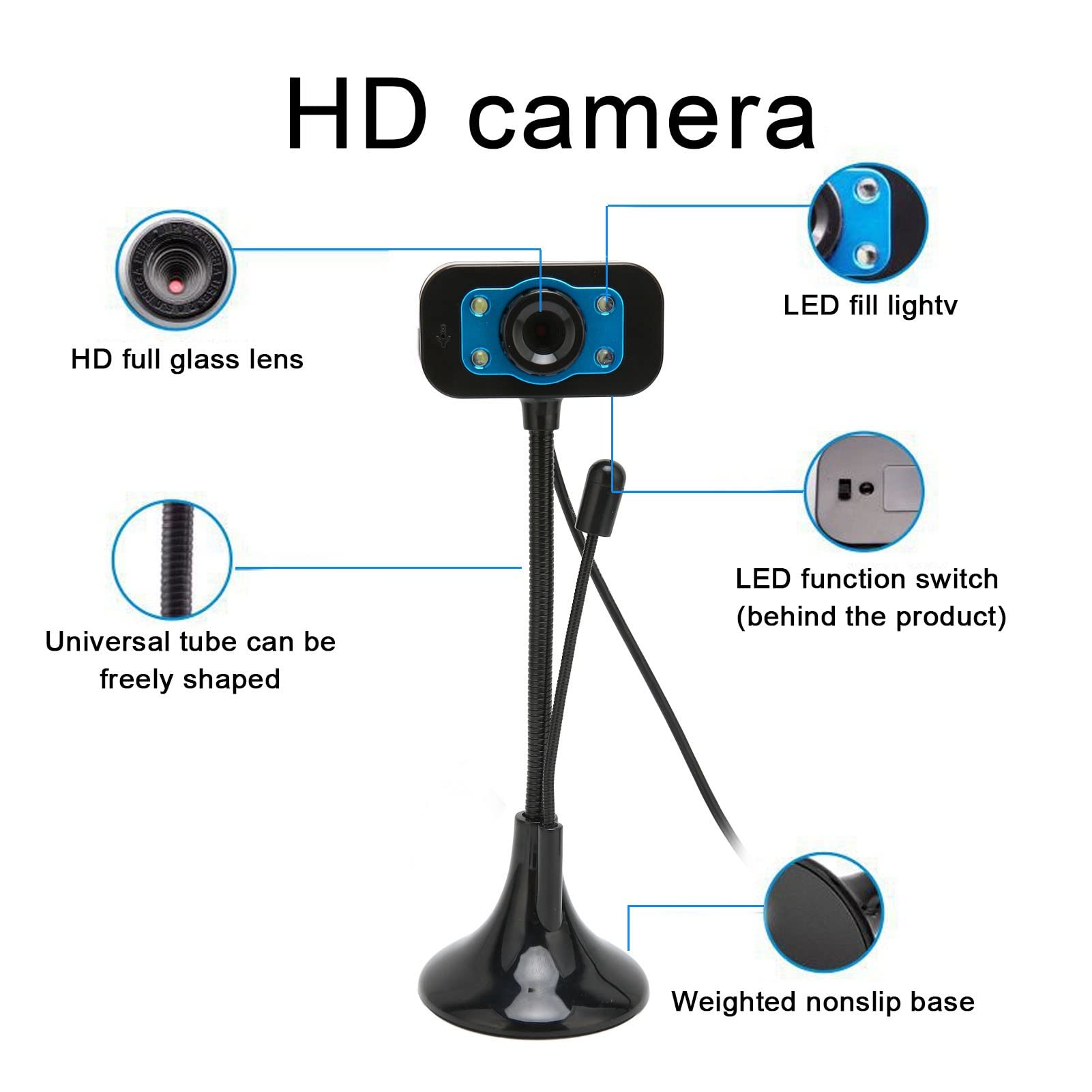 Streaming Webcam, Web Camera Manual Focus USB Streaming Webcam with LED Fill Light Microphone for Gaming Conferencing Video Chatting, Supports for Win10 7 Vista XP, for Android,