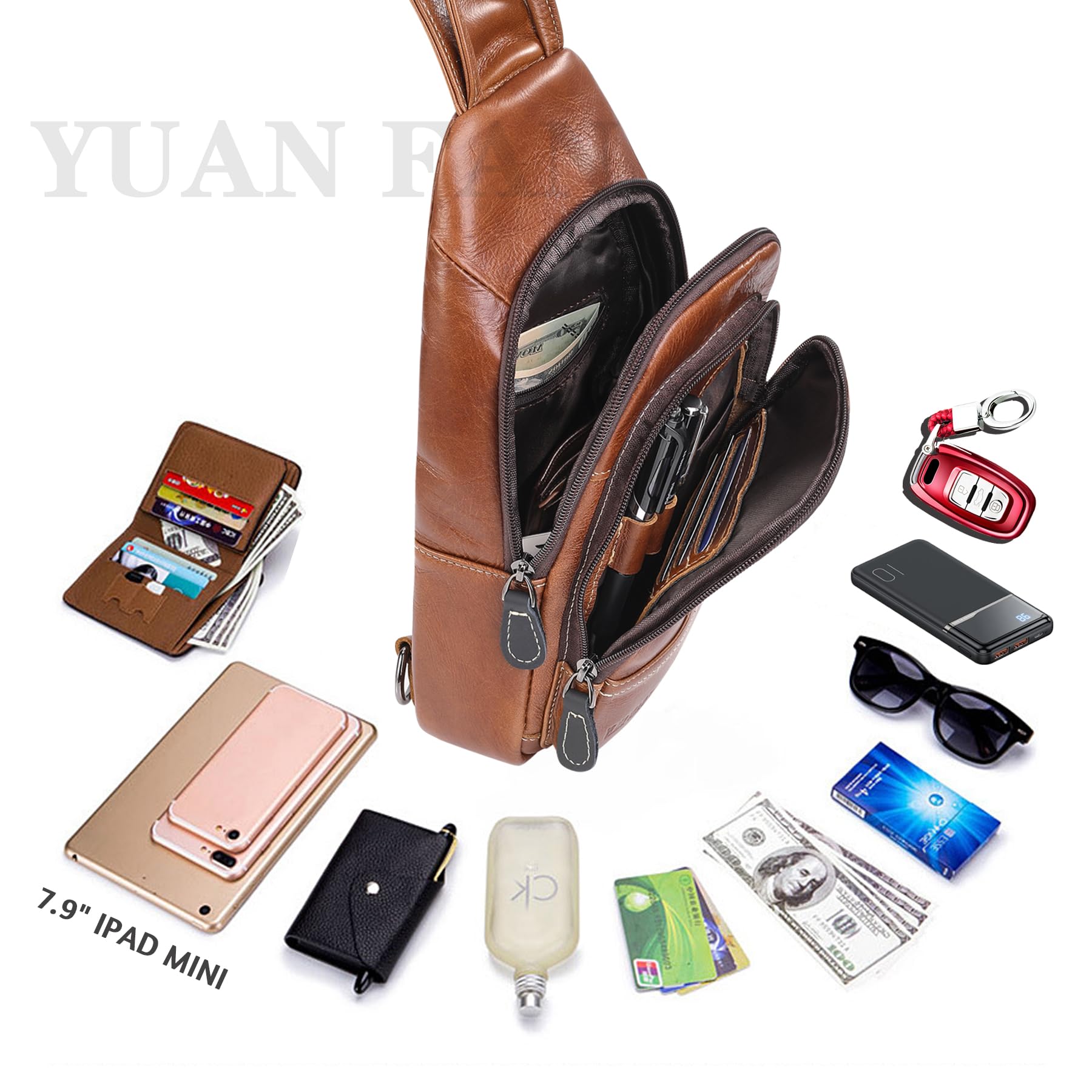 YUAN FAN Mens Crossbody Bag Shoulder Casual Daypacks Chest Bags,Genuine Leather Small Sling Bag for Travel