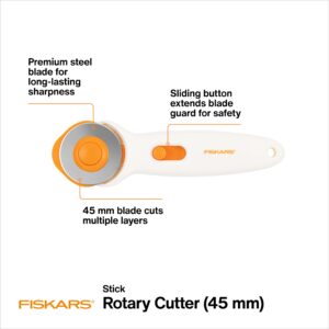 Fiskars 45mm Rotary Cutter for Fabric - Premium Stick Rotary Cutter - Craft Supplies - Crafts, Sewing, and Quilting Projects - White