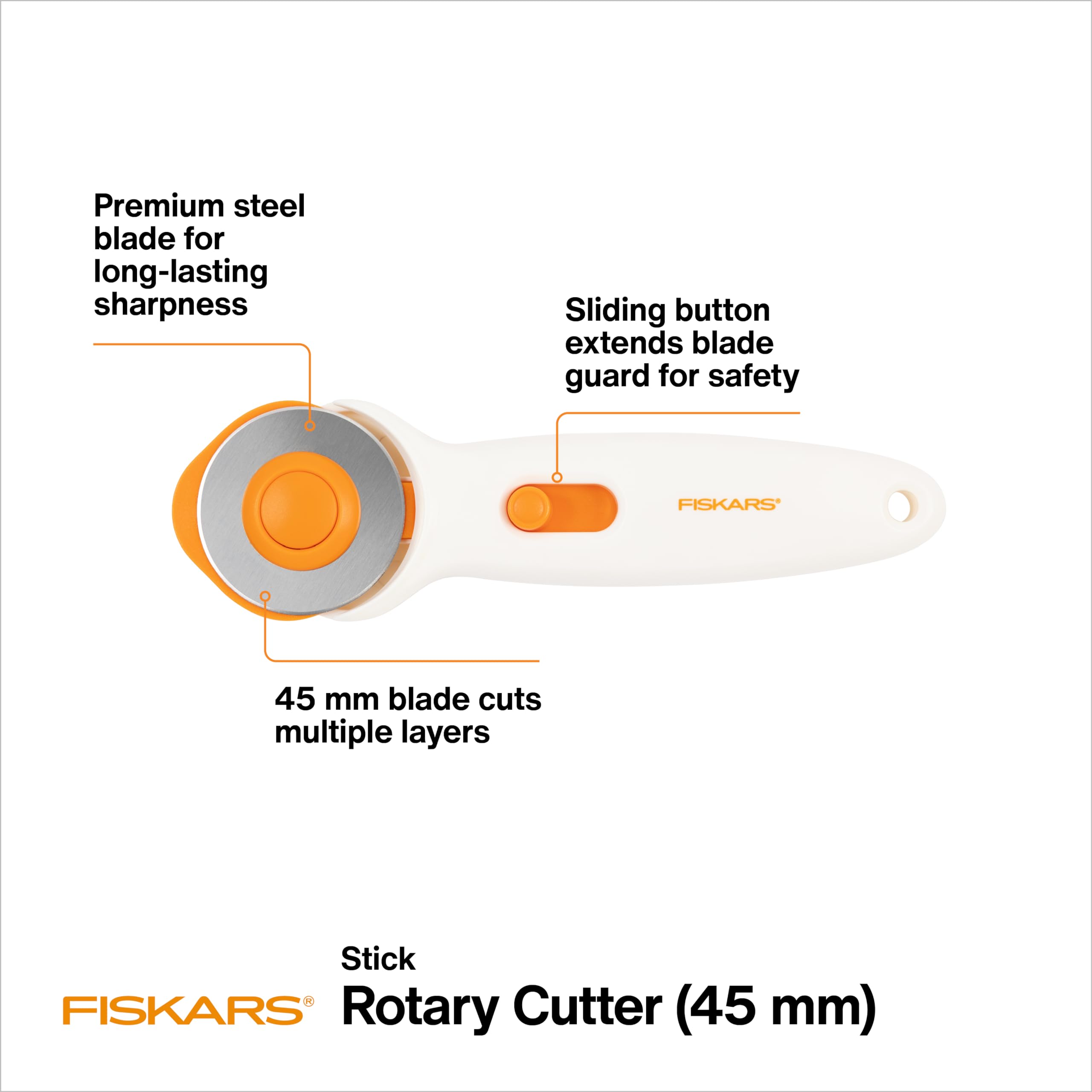 Fiskars 45mm Rotary Cutter for Fabric - Premium Stick Rotary Cutter - Craft Supplies - Crafts, Sewing, and Quilting Projects - White