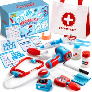 play-act kids doctor kit,16-piece pretend play medical kit with bag,doctor role play set,realistic toy stethoscope,reusable record cards,dress up doctor playset for toddlers ages 3+