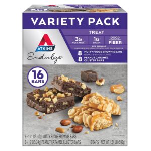 atkins endulge treat variety pack, nutty fudge brownie bar & peanut caramel cluster, keto friendly, 16 bars (8 each flavor)