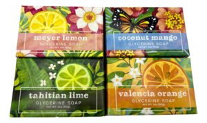 greenwich bay trading co., fresh fruit collection, set of 4 glycerine bar soaps, 3 oz. each - coconut mango, meyer lemon, tahitian lime and valencia orange