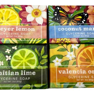 Greenwich Bay Trading Co., Fresh Fruit Collection, Set of 4 Glycerine Bar Soaps, 3 Oz. Each - Coconut Mango, Meyer Lemon, Tahitian Lime and Valencia Orange