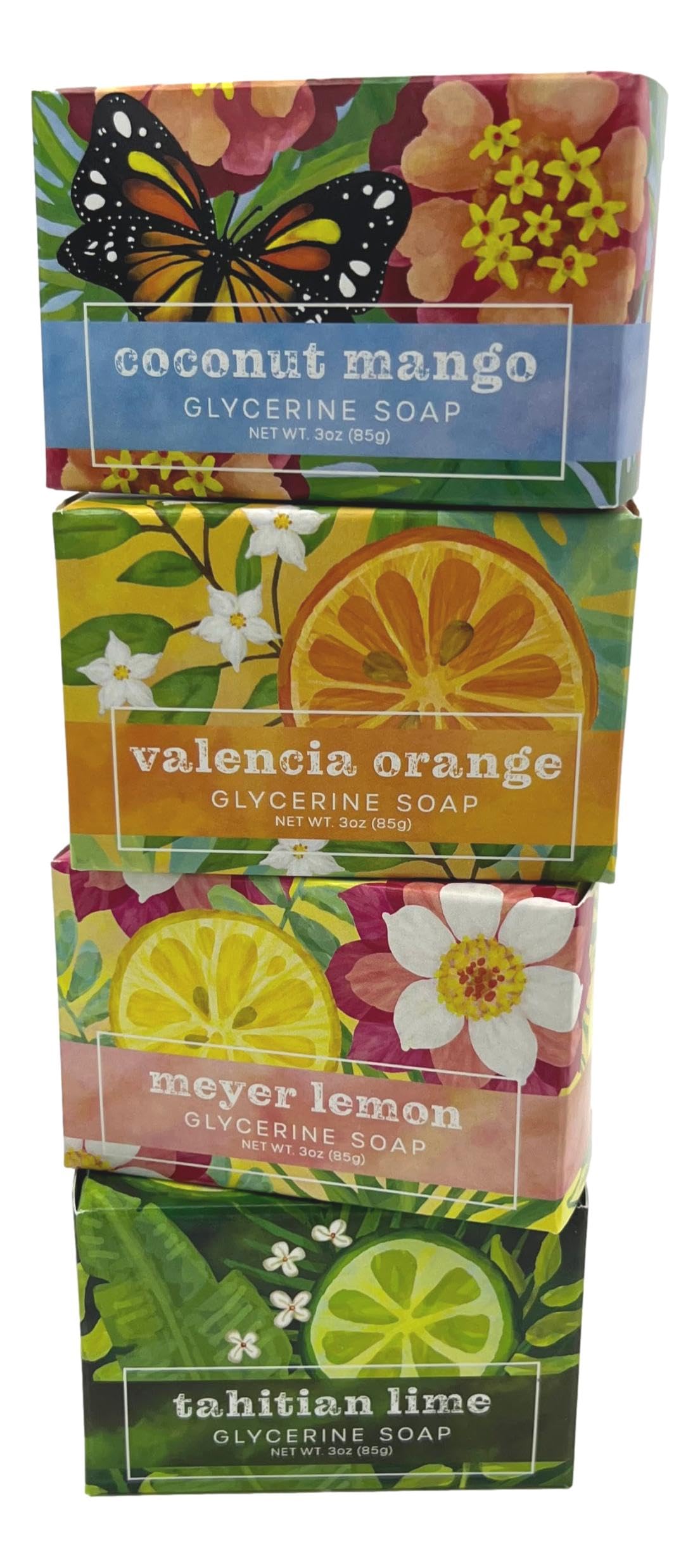 Greenwich Bay Trading Co., Fresh Fruit Collection, Set of 4 Glycerine Bar Soaps, 3 Oz. Each - Coconut Mango, Meyer Lemon, Tahitian Lime and Valencia Orange