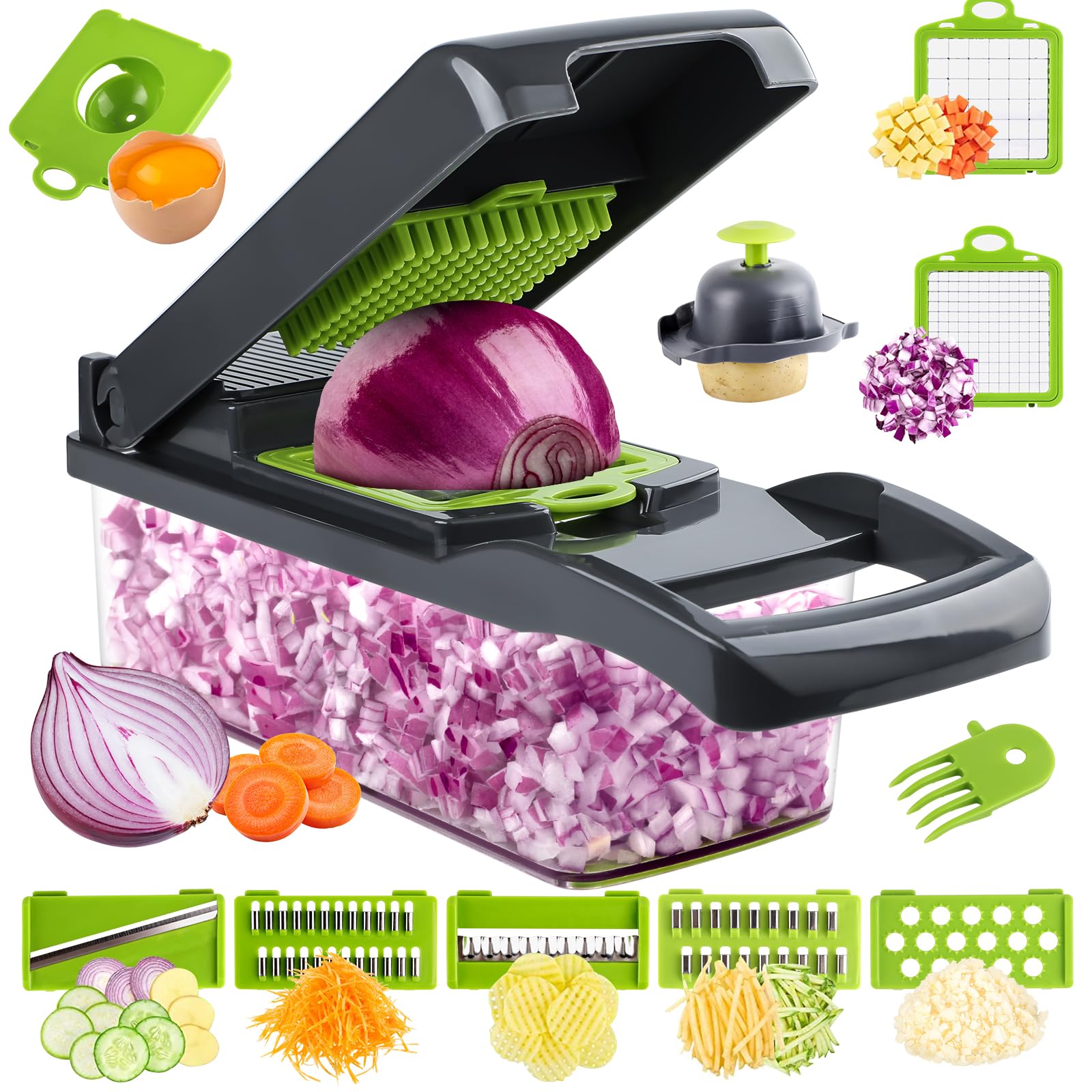 Vegetable Chopper，Putsea Veggie Chopper，Multifunctional 13 in 1 Food Chopper，Vegetable Slicer Dicer with 8 Blades，Onion Chopper Vegetable Cutter with Salad Garlic Carrot (Gray)