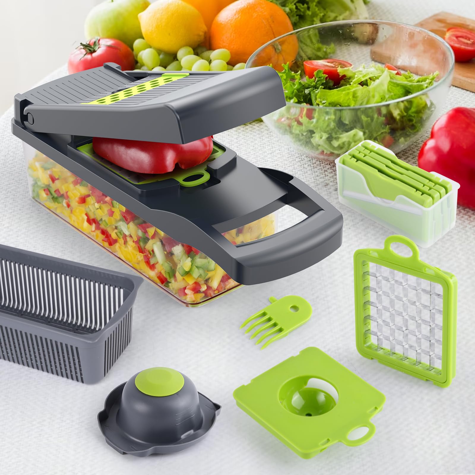 Vegetable Chopper，Putsea Veggie Chopper，Multifunctional 13 in 1 Food Chopper，Vegetable Slicer Dicer with 8 Blades，Onion Chopper Vegetable Cutter with Salad Garlic Carrot (Gray)