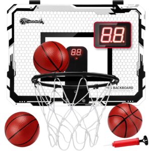 hommtina basketball hoop indoor with electronic scoreboard mini basketball hoop with 3 balls, indoor basketball for door & wall office bedroom score basketball hoop for kids (black and white+counter)