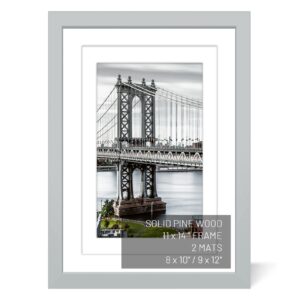 uhfwifr 11x14 picture frames solid wood display pictures 9x12 or 8x10 with mat or 11x14 frame without mat poster photo frame art with 2 mats for wall mounting or table top(gray)