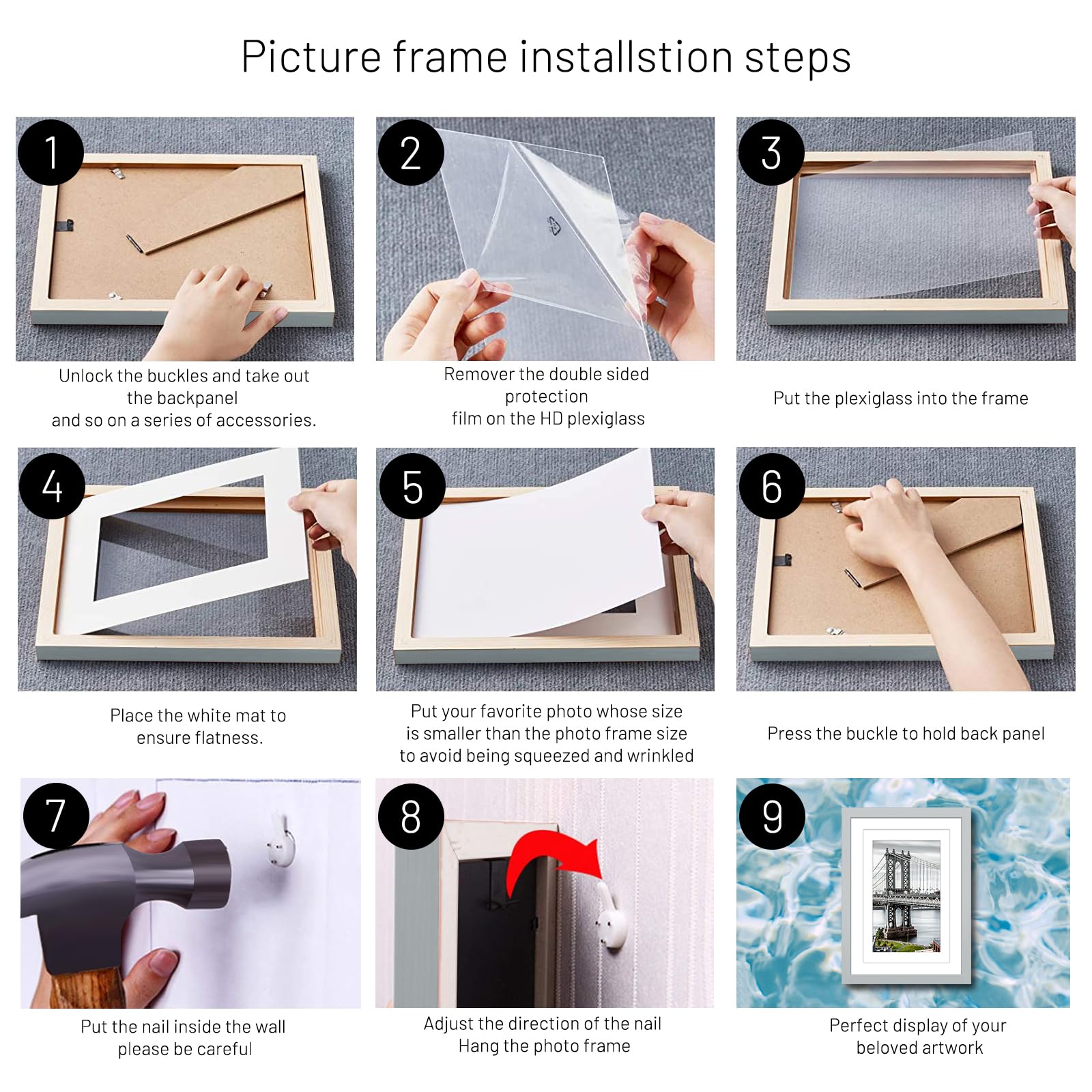 UHFWIFR 11x14 Picture Frames Solid Wood Display Pictures 9x12 or 8x10 with Mat or 11x14 Frame without Mat Poster Photo Frame Art with 2 Mats for Wall Mounting or Table Top(Gray)