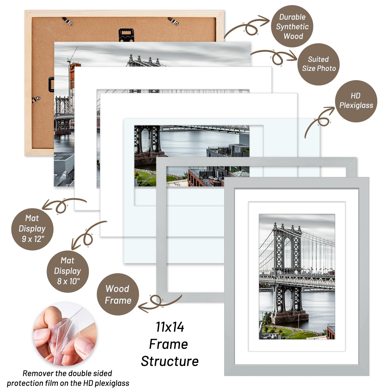 UHFWIFR 11x14 Picture Frames Solid Wood Display Pictures 9x12 or 8x10 with Mat or 11x14 Frame without Mat Poster Photo Frame Art with 2 Mats for Wall Mounting or Table Top(Gray)