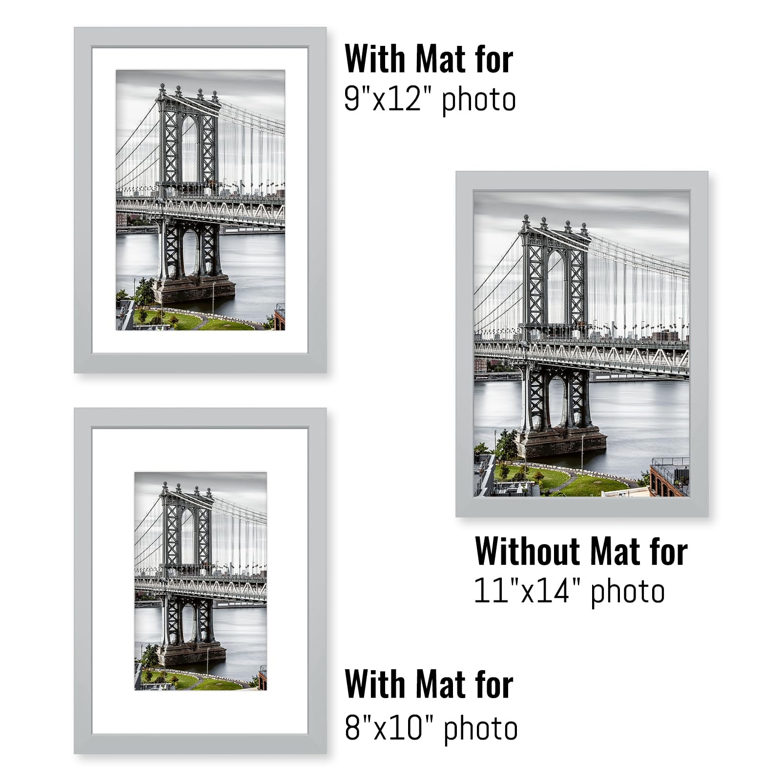 UHFWIFR 11x14 Picture Frames Solid Wood Display Pictures 9x12 or 8x10 with Mat or 11x14 Frame without Mat Poster Photo Frame Art with 2 Mats for Wall Mounting or Table Top(Gray)