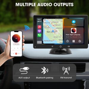 Wireless CarPlay Android Auto Screen - Portable Dash Mount Bluetooth Car Stereo - 7 Inch QLED Touchscreen AirPlay MirrorCast Steering Wheel Control GPS Navigation AUX Output