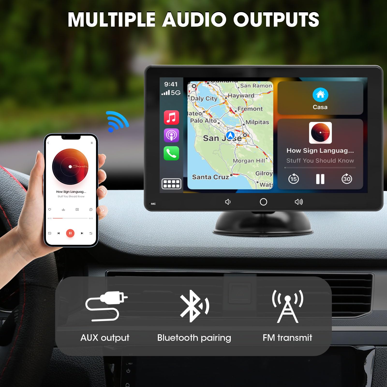 Wireless CarPlay Android Auto Screen - Portable Dash Mount Bluetooth Car Stereo - 7 Inch QLED Touchscreen AirPlay MirrorCast Steering Wheel Control GPS Navigation AUX Output