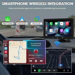 Wireless CarPlay Android Auto Screen - Portable Dash Mount Bluetooth Car Stereo - 7 Inch QLED Touchscreen AirPlay MirrorCast Steering Wheel Control GPS Navigation AUX Output