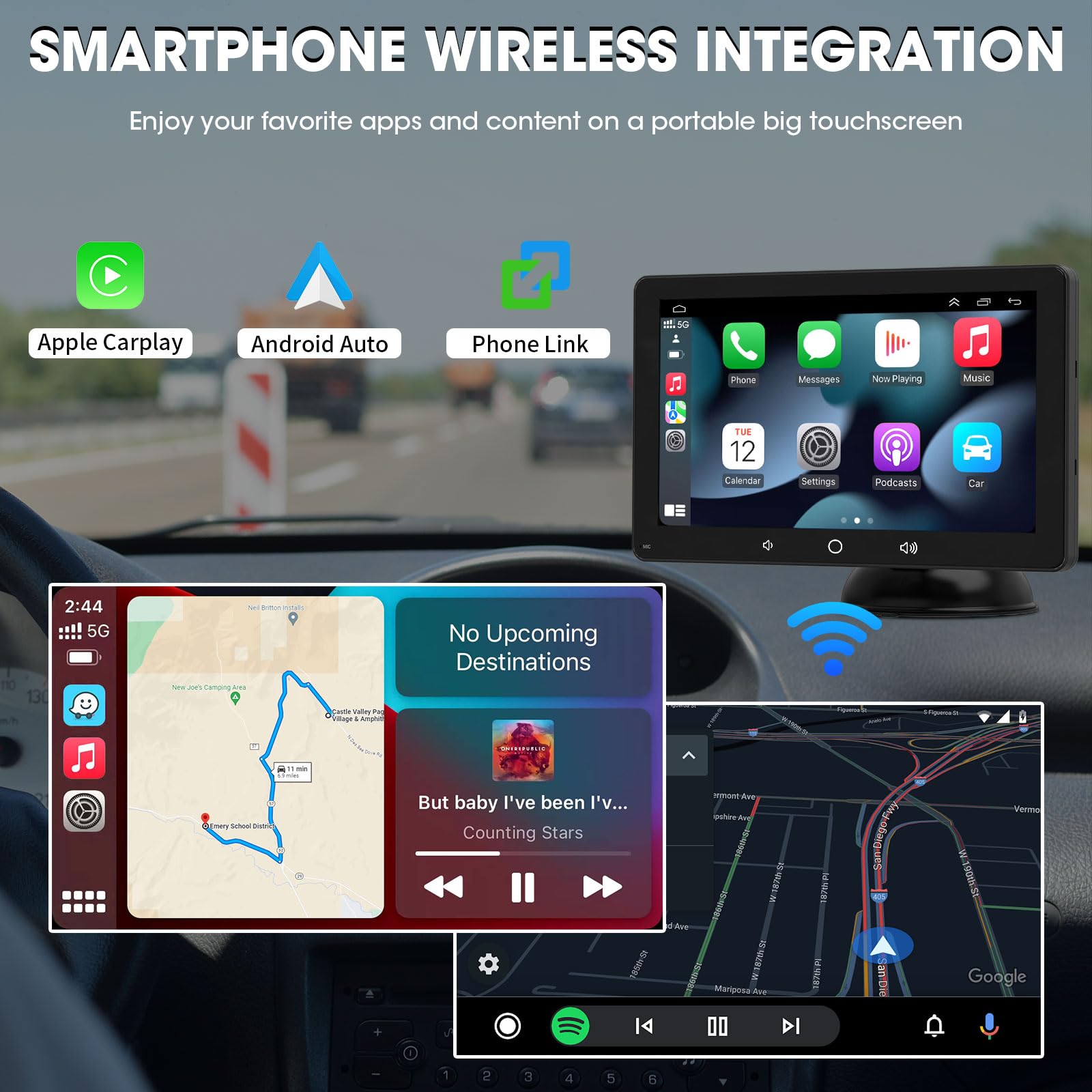 Wireless CarPlay Android Auto Screen - Portable Dash Mount Bluetooth Car Stereo - 7 Inch QLED Touchscreen AirPlay MirrorCast Steering Wheel Control GPS Navigation AUX Output