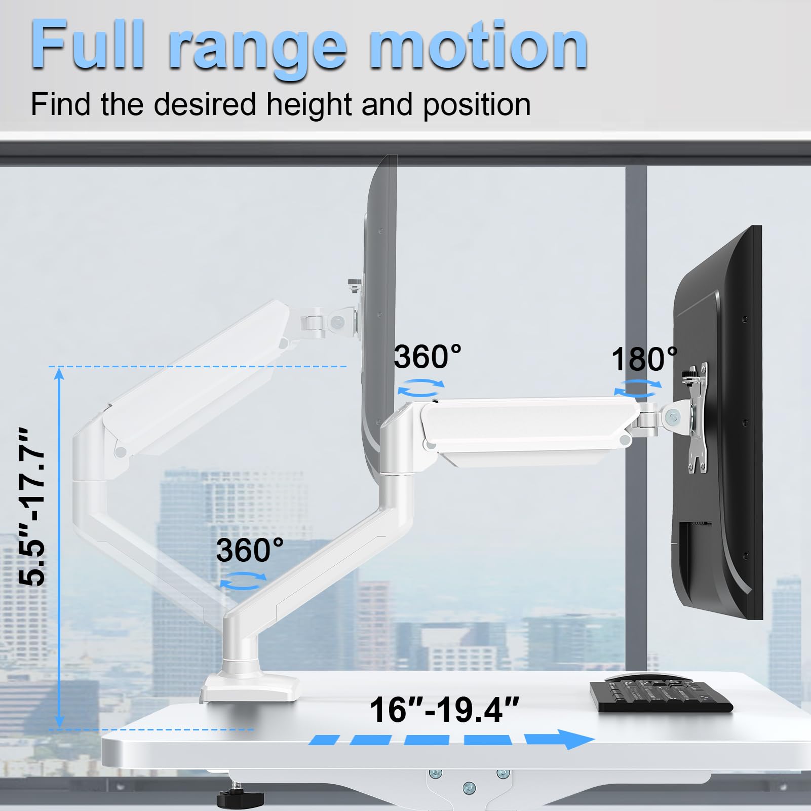 ErgoFocus Single Monitor Mount Arm Fits Monitor up to 32 Inch, Monitor Desk Mount Holds 4.4-19.8lbs Computer Screen, Full Motion Gas Spring Monitor Desk Mount, VESA Mount, White