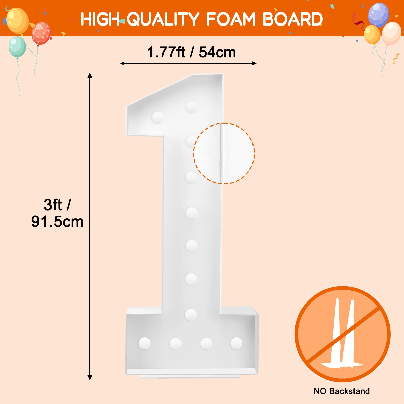 rubfac 3FT Marquee Light Up Numbers, Mosaic Balloon Frame Number 1, Pre-Cut Foam Board for First Birthday Decorations Anniversary Wedding Backdrop