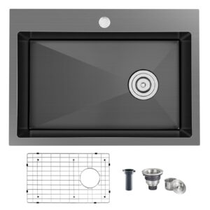 kinkib 26 inch drop-in black kitchen sink single bowl, topmount kitchen sink with protective bottom grid, overmount 304 stainless steel kitchen bar sink handmade with basket strainer, 26×18×9 inch