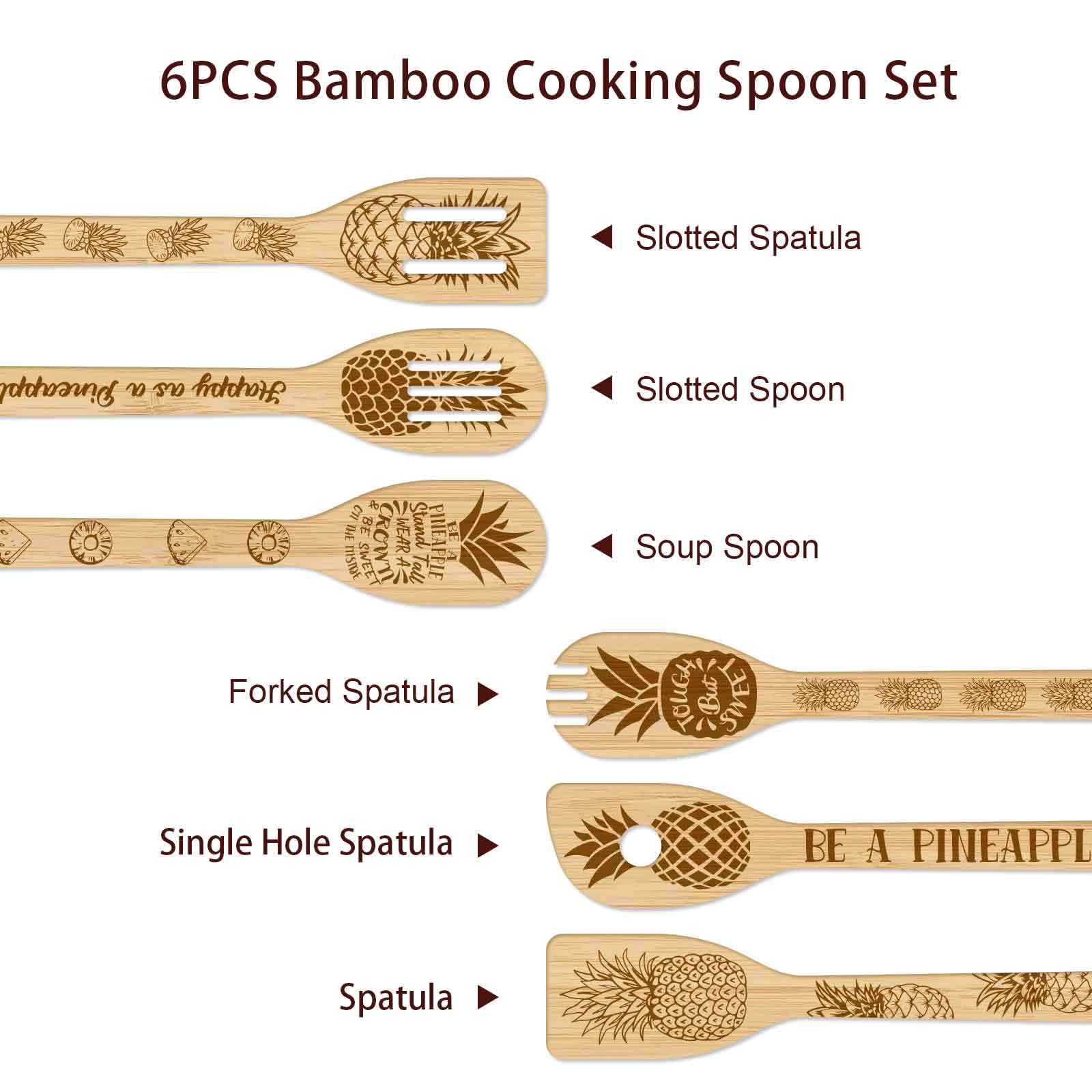 GLOBLELAND 6Pcs Pineapple Bamboo Cooking Utensils Wooden Engraved Cooking Spoons Set Carving Kitchen Bamboo Spatula Set Wood Cooking Spoon for Kitchen Fun House Warming Gift