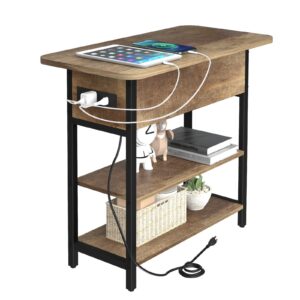 yoobure end table with charging station, flip top side table with usb ports and outlets, sofa couch table bedside table for living room bedroom, narrow nightstand with storage shelves for small space